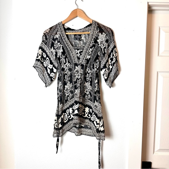 Angie | Tops | Angie Boho Black White Sheer Belted Blouse Sz S | Poshmark